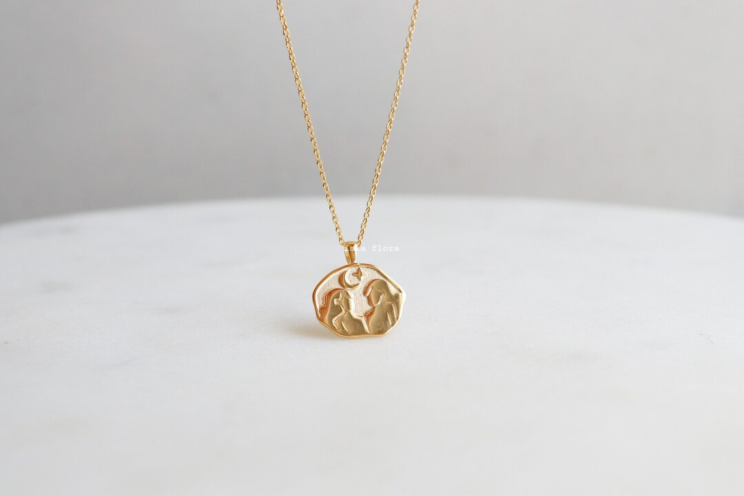 Gemini Zodiac the Twins Emboss Stamped Uneven Coin Necklace, Dainty 18k ...