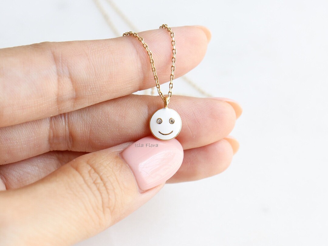 Dainty Happy Face Charm Necklace, CZ Eyes Tiny Smile Enamel Minimalist ...