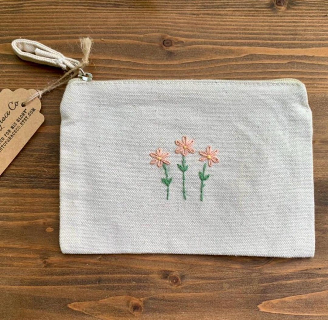 Hand Embroidered Pink Flowers Pouch, Embroided Flower Make up Bag ...