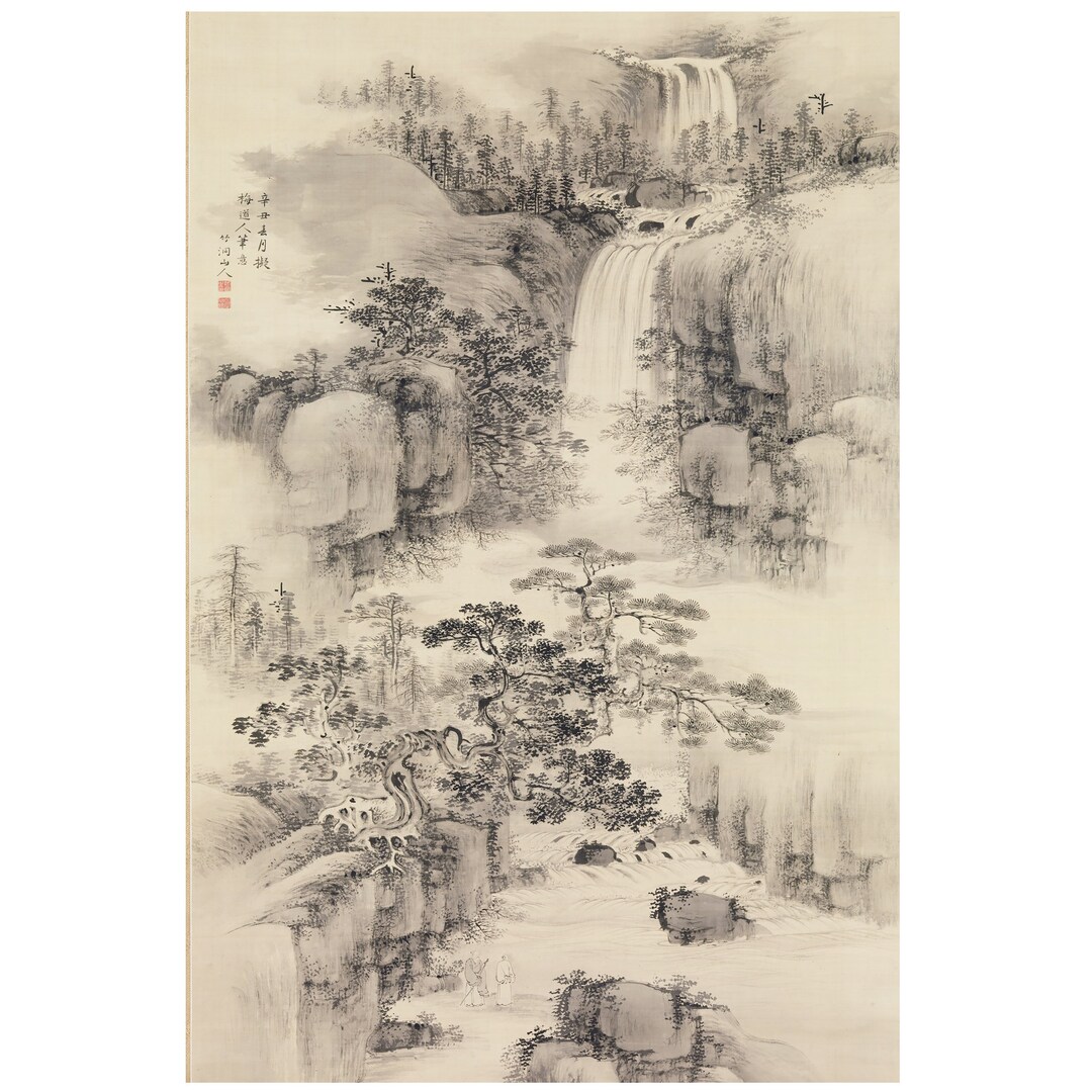 Old Asian Artwork Japanese Fine Art Landscape, Pen and Ink Black and ...