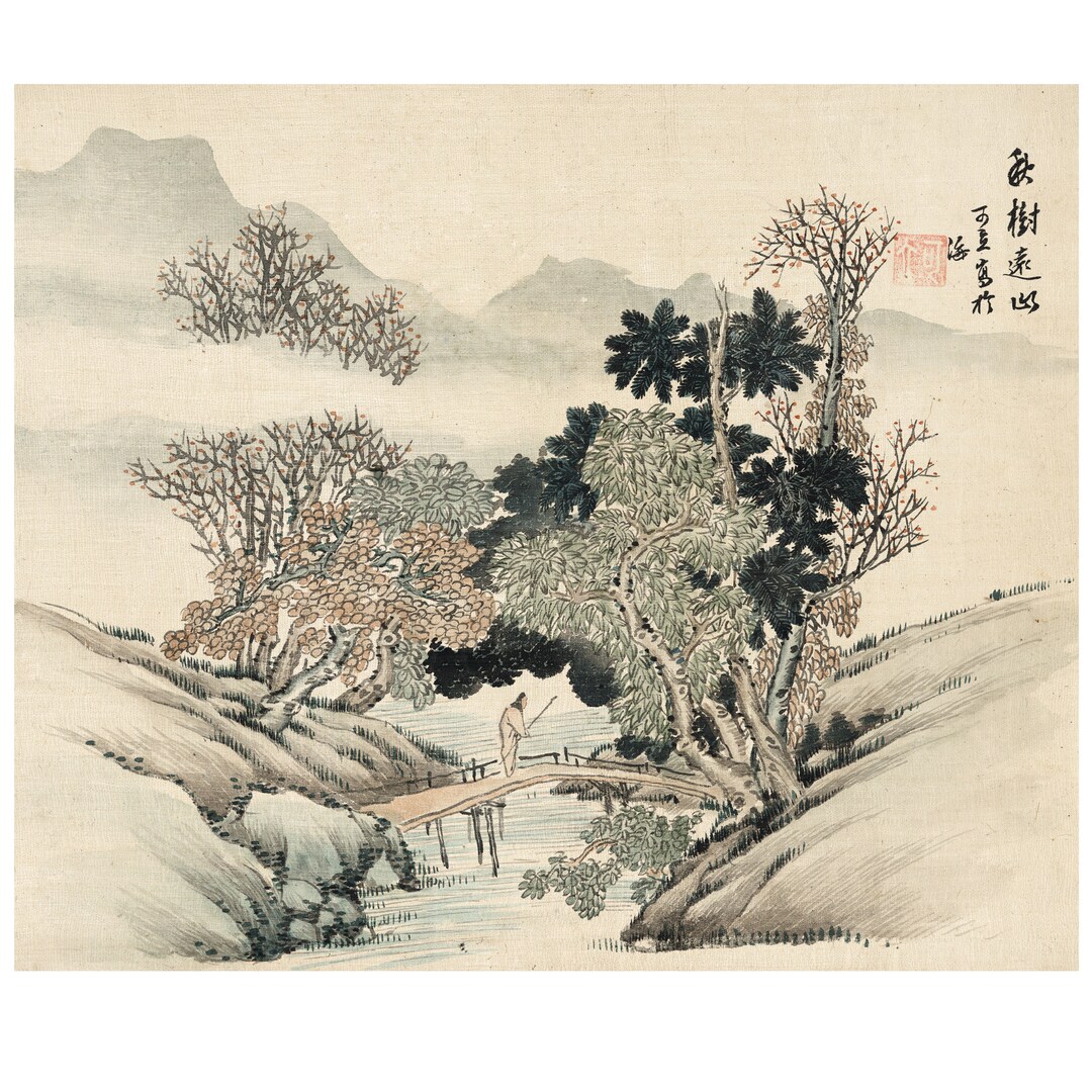 Old Asian Japanese Watercolor Landscape Painting of a Bridge Over a ...