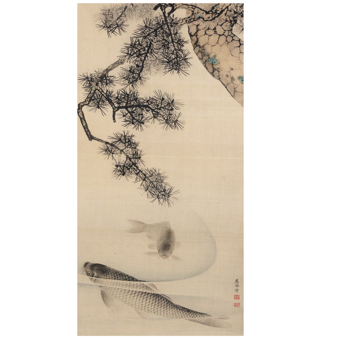 Old Japanese Panoramic Wood Block Print or Painting of Two Koi Fish and ...