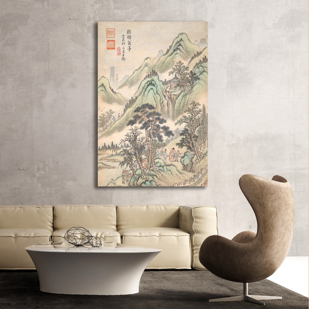 Japanese Painting of a Mountain Landscape Printed on Fine Art Textured ...