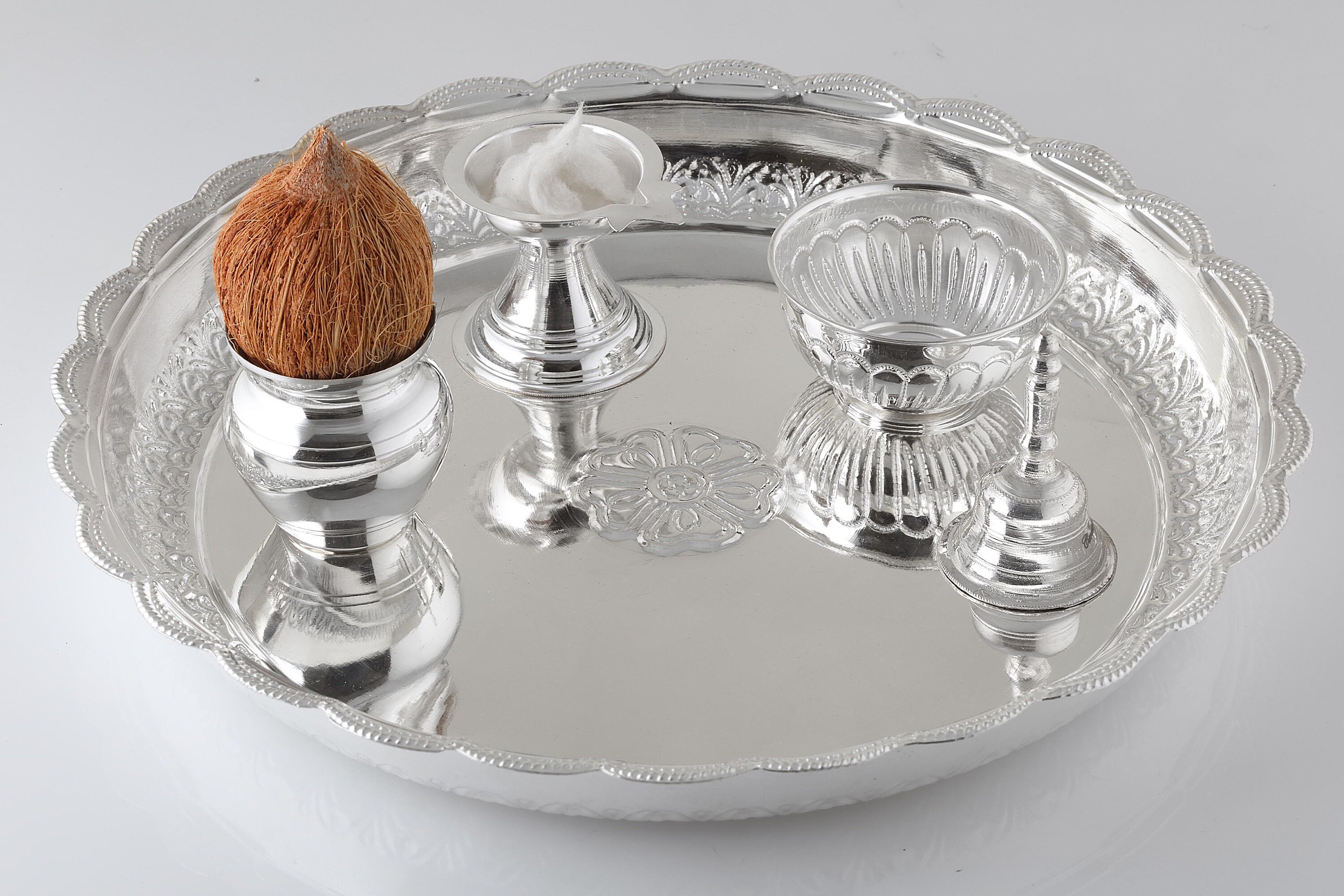 Pure Silver Puja Thali Set Plate Katori diya loti Bell Net Weight 260 ...