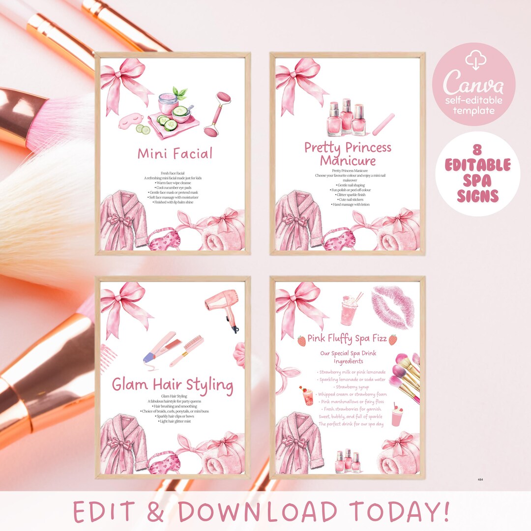Editable Spa Party Signs Bundle, Pink Spa Party Collection, Pamper ...
