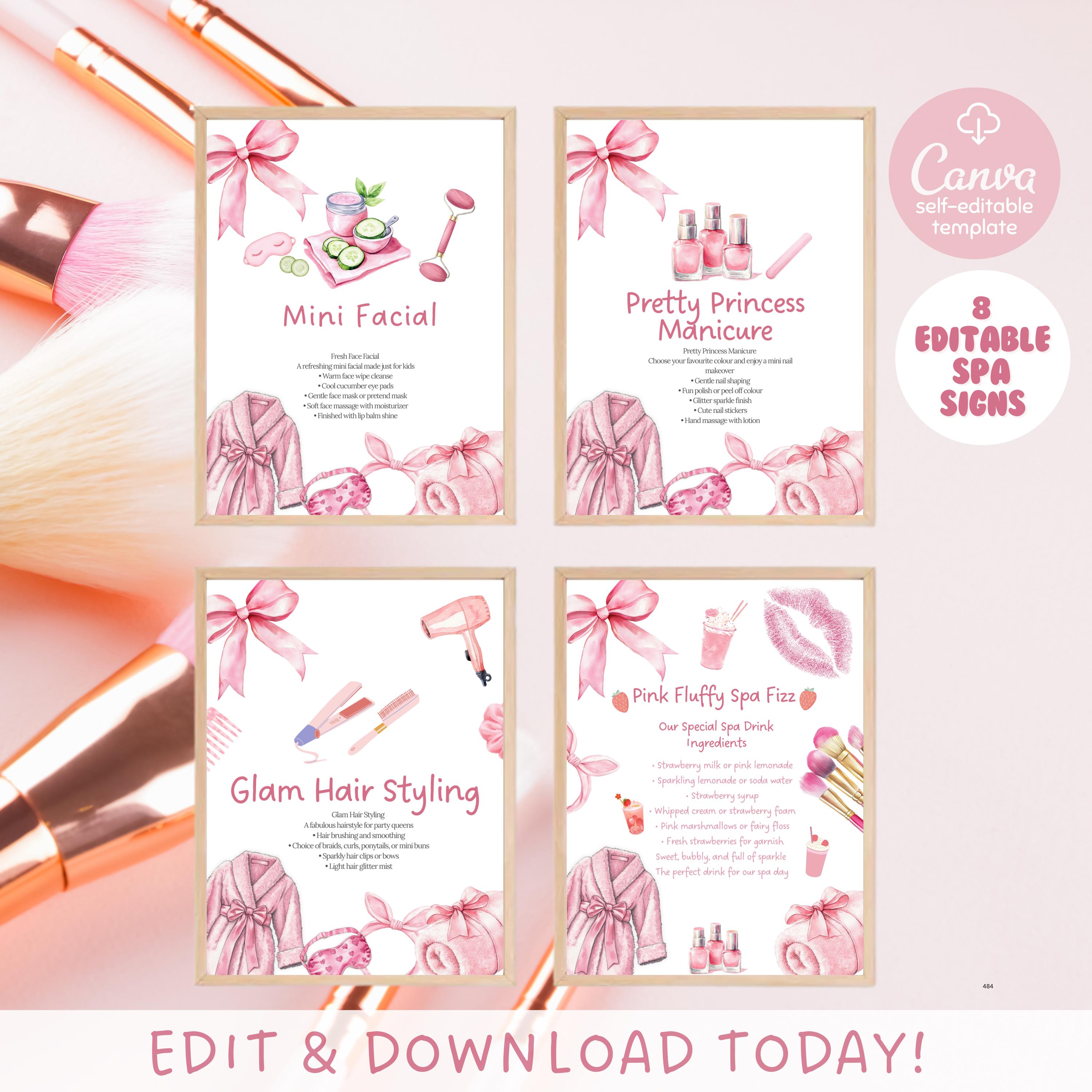Editable Spa Party Signs Bundle, Pink Spa Party Collection, Pamper ...