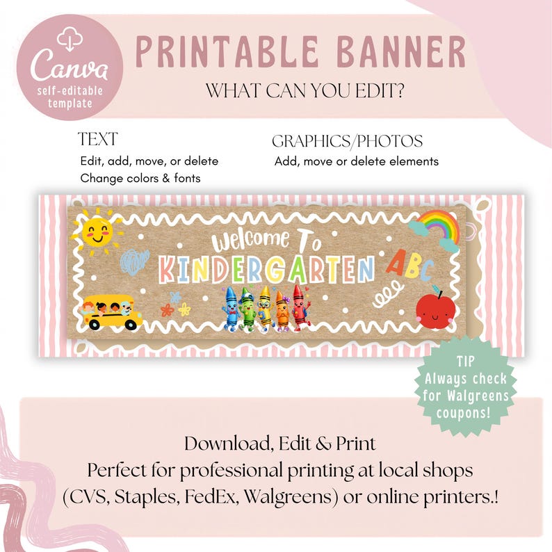 Welcome to Kindergarten Banner, Classroom Decor Printable, 2x6 Banner ...