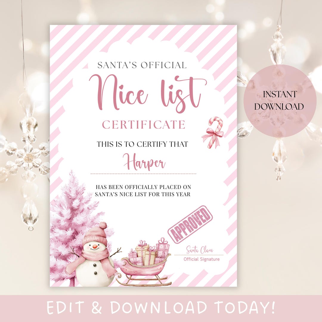 Santa's Nice List Certificate, Christmas Printable Personalized Kids ...