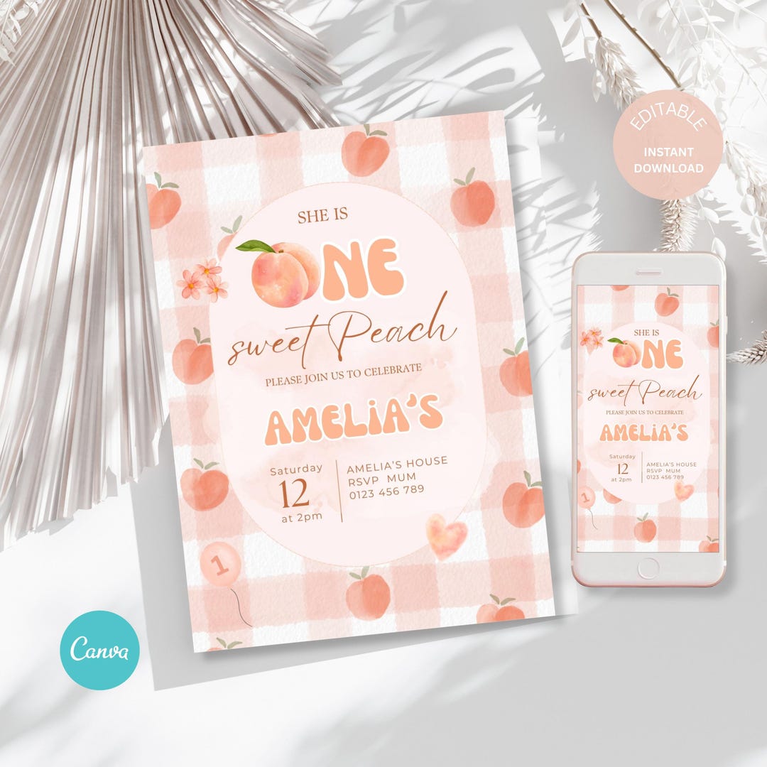 Editable Peach Birthday Invitation, One Sweet Peach Birthday Invitation ...