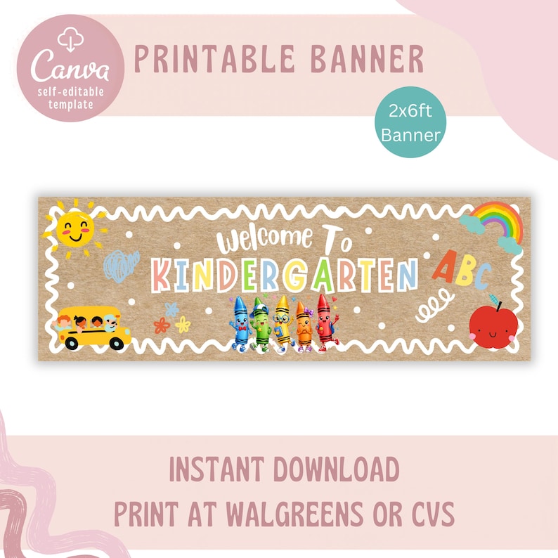 Welcome to Kindergarten Banner, Classroom Decor Printable, 2x6 Banner ...