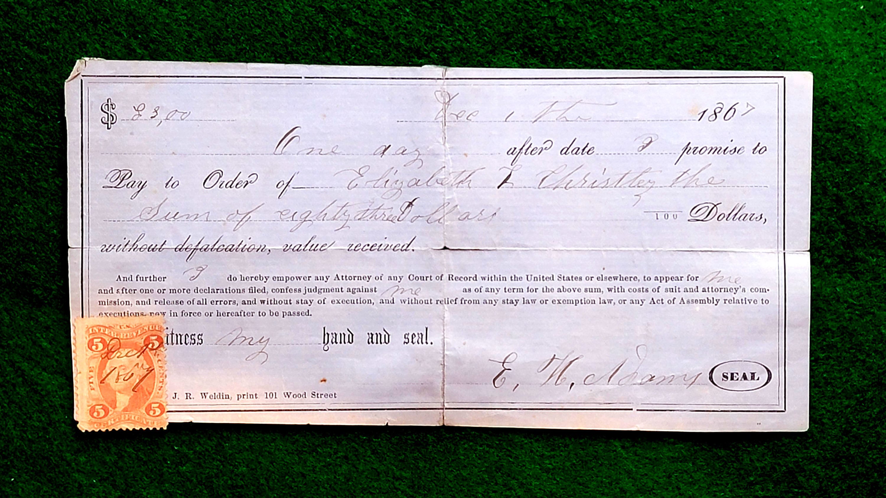 Vintage 1867 Promissory Note With R24 US Stamp - Etsy