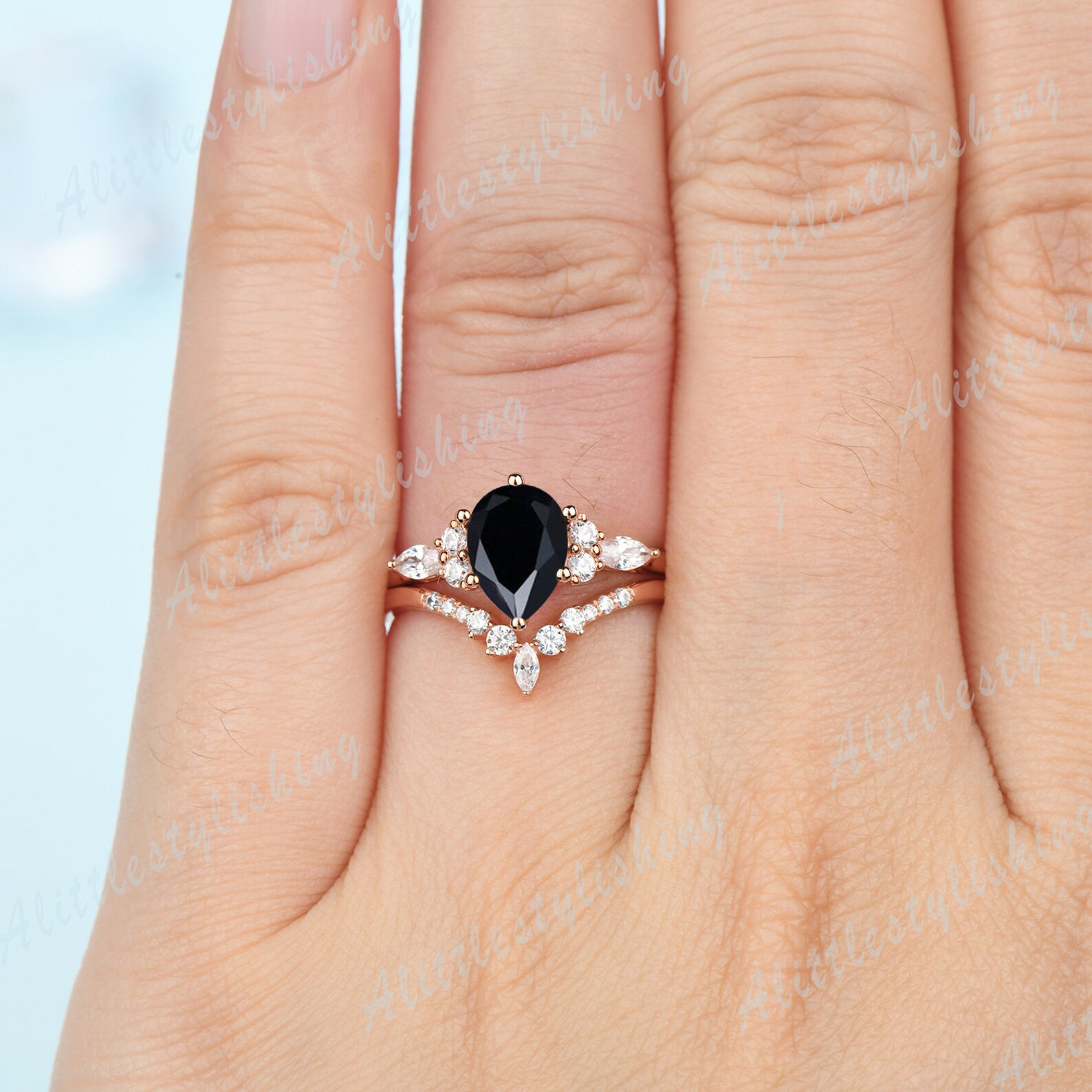 Black Onyx and Diamond Engagement Ring Black Gemstone Wedding Ring Set ...