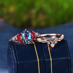 Unique Alexandrite Ruby Wedding Ring Set Rose Gold Bridal Set, Oval ...
