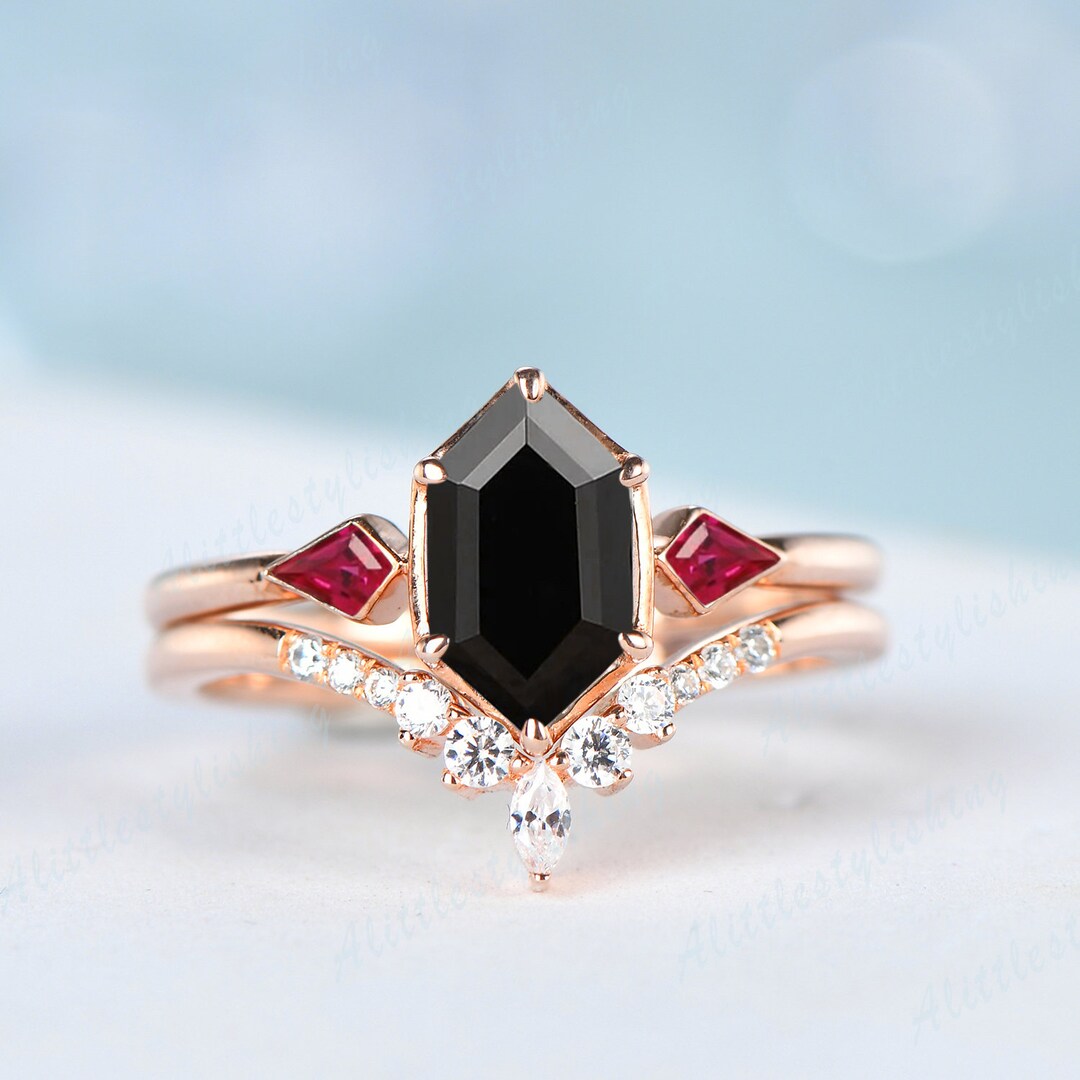 Kite Shape Ruby and Hexagon Cut Black Onyx Engagement Ring - Etsy