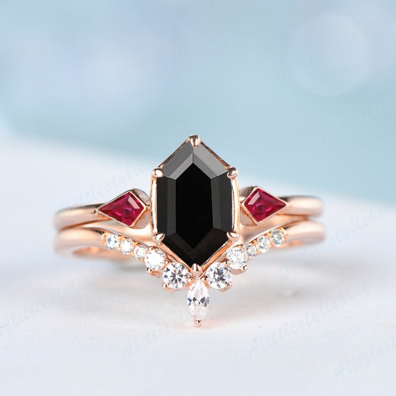 Kite Shape Ruby and Hexagon Cut Black Onyx Engagement Ring - Etsy