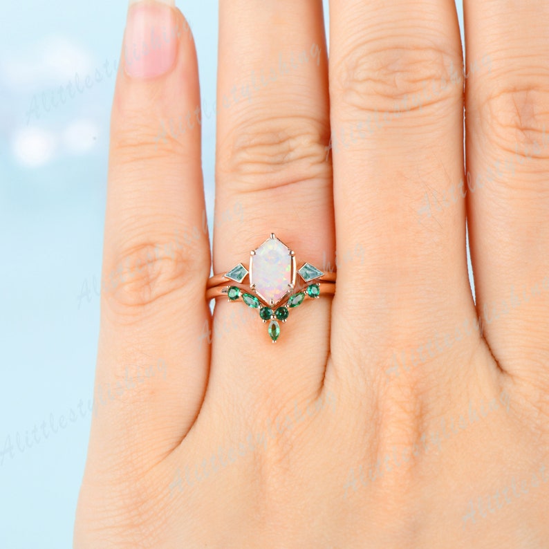14K 18K Gold Fire Opal Flower Ring Art Deco Moss Agate Emerald Opal Engagement Promise Ring Rose ...