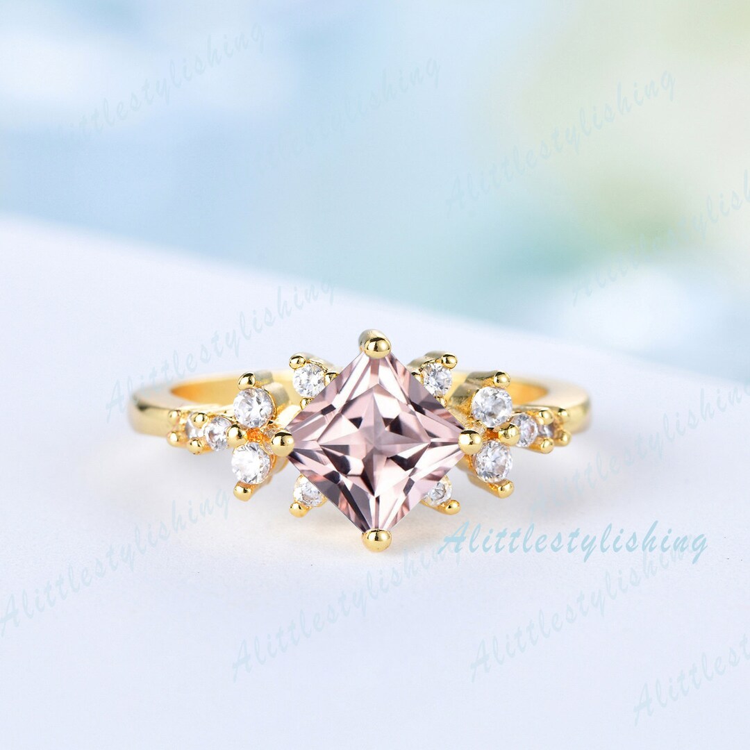 Princess Cut Morganite Engagement Ring in 14K Solid Yellow Gold ...