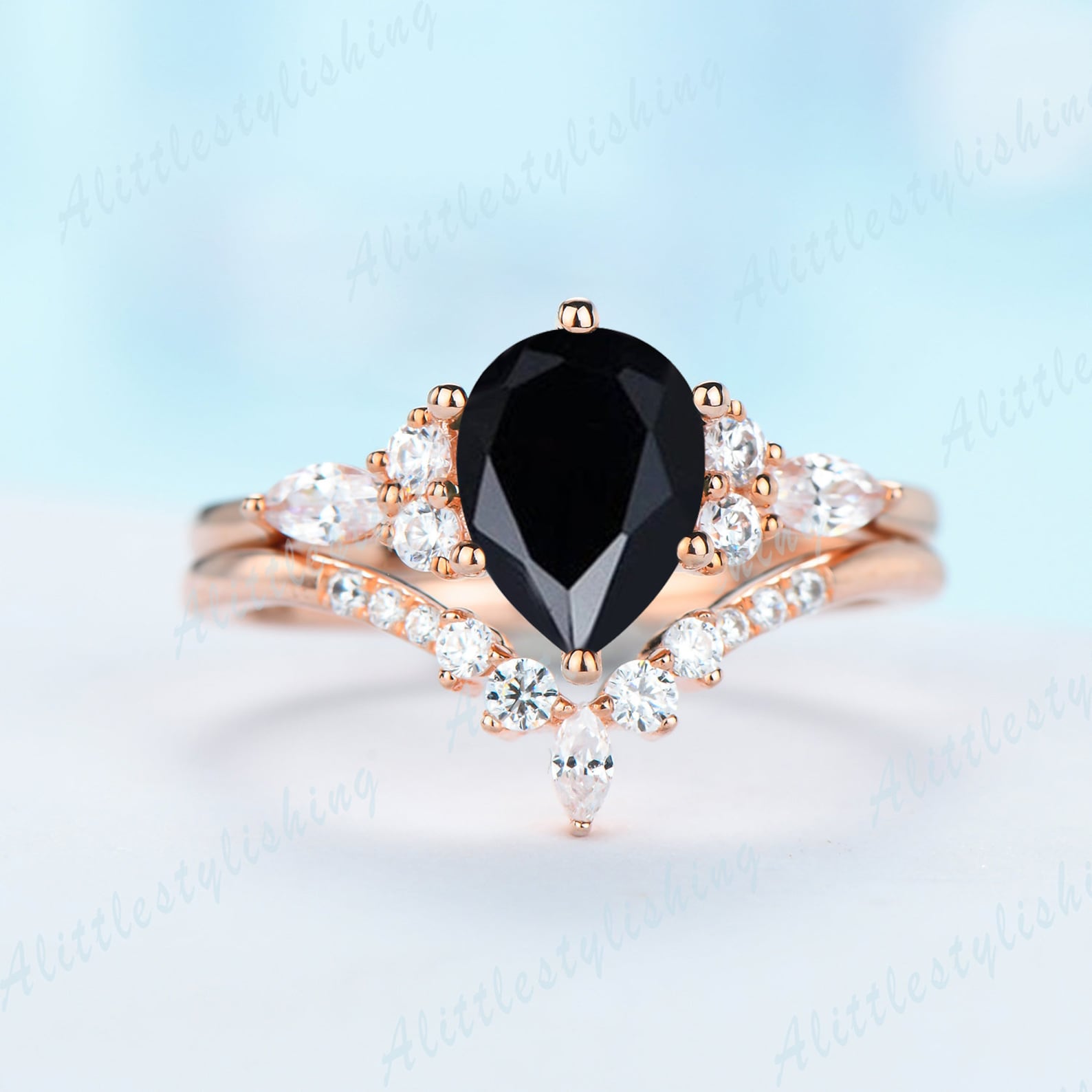 Black Onyx and Diamond Engagement Ring Black Gemstone Wedding Ring Set ...