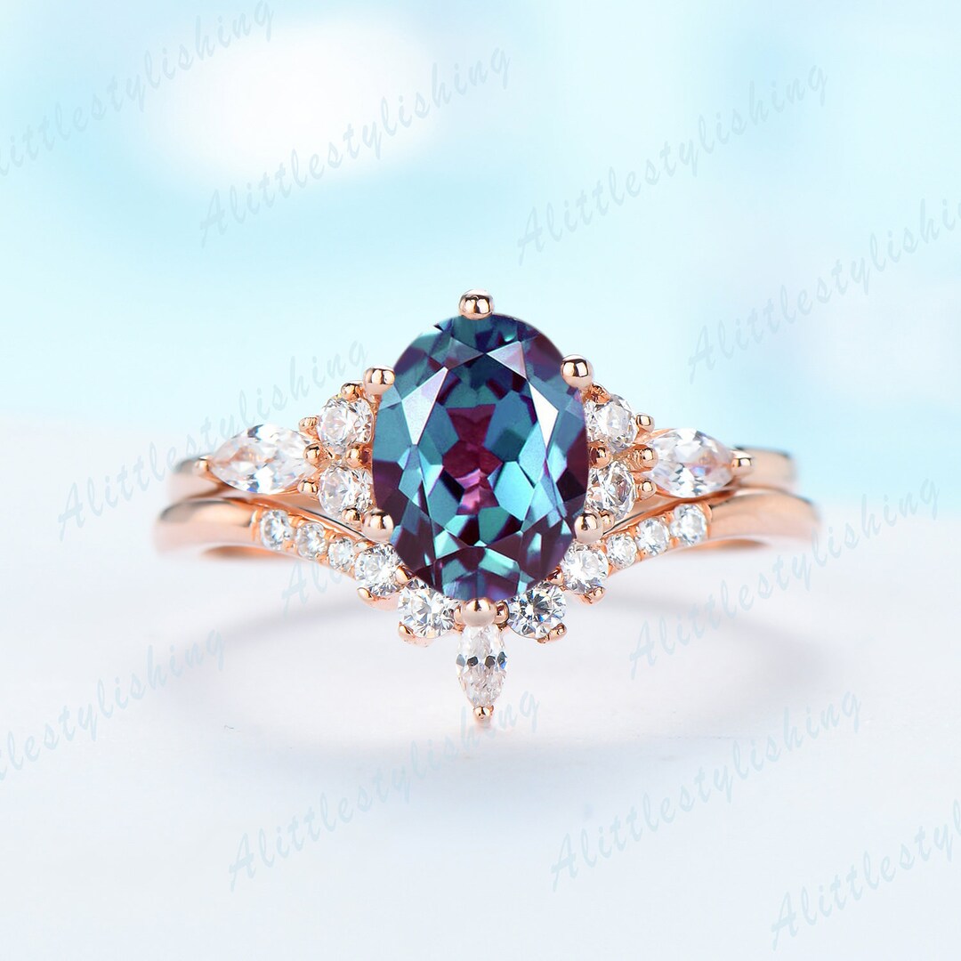 Alexandrite Tiara Wedding Ring Set Oval Alexandrite - Etsy