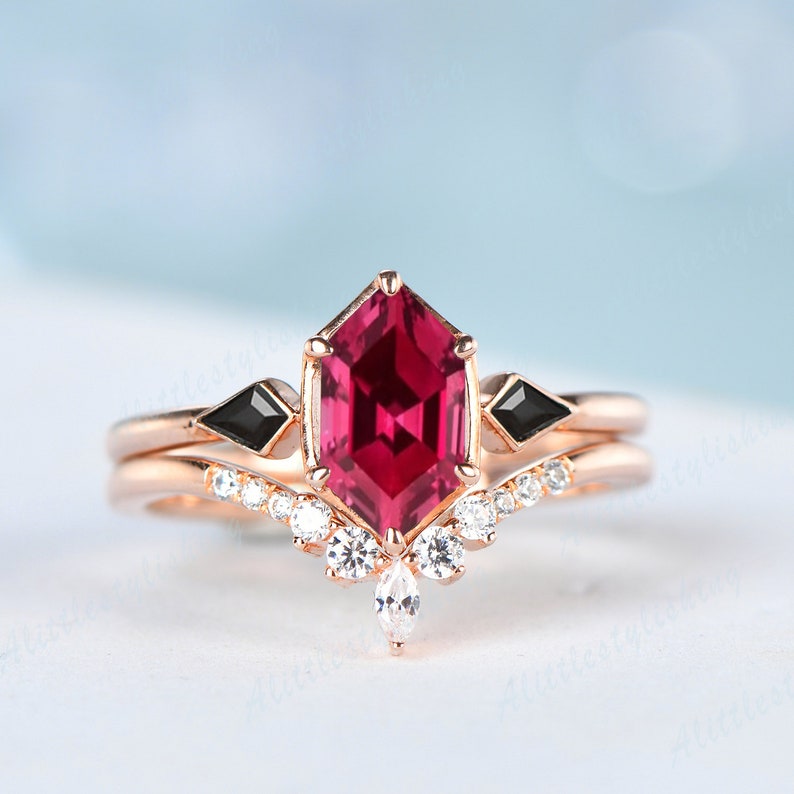 Black Ring Woman Hexagon Bezel Ring Set Ruby Engagement Rings - Etsy