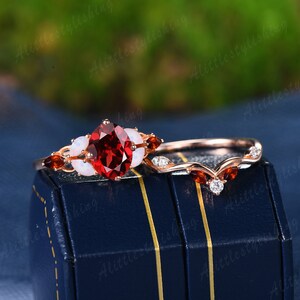 Natural Oval Garnet Ring Set- Opal Garnet Ring- Red Gemstone Engagement Promise Ring- January ...