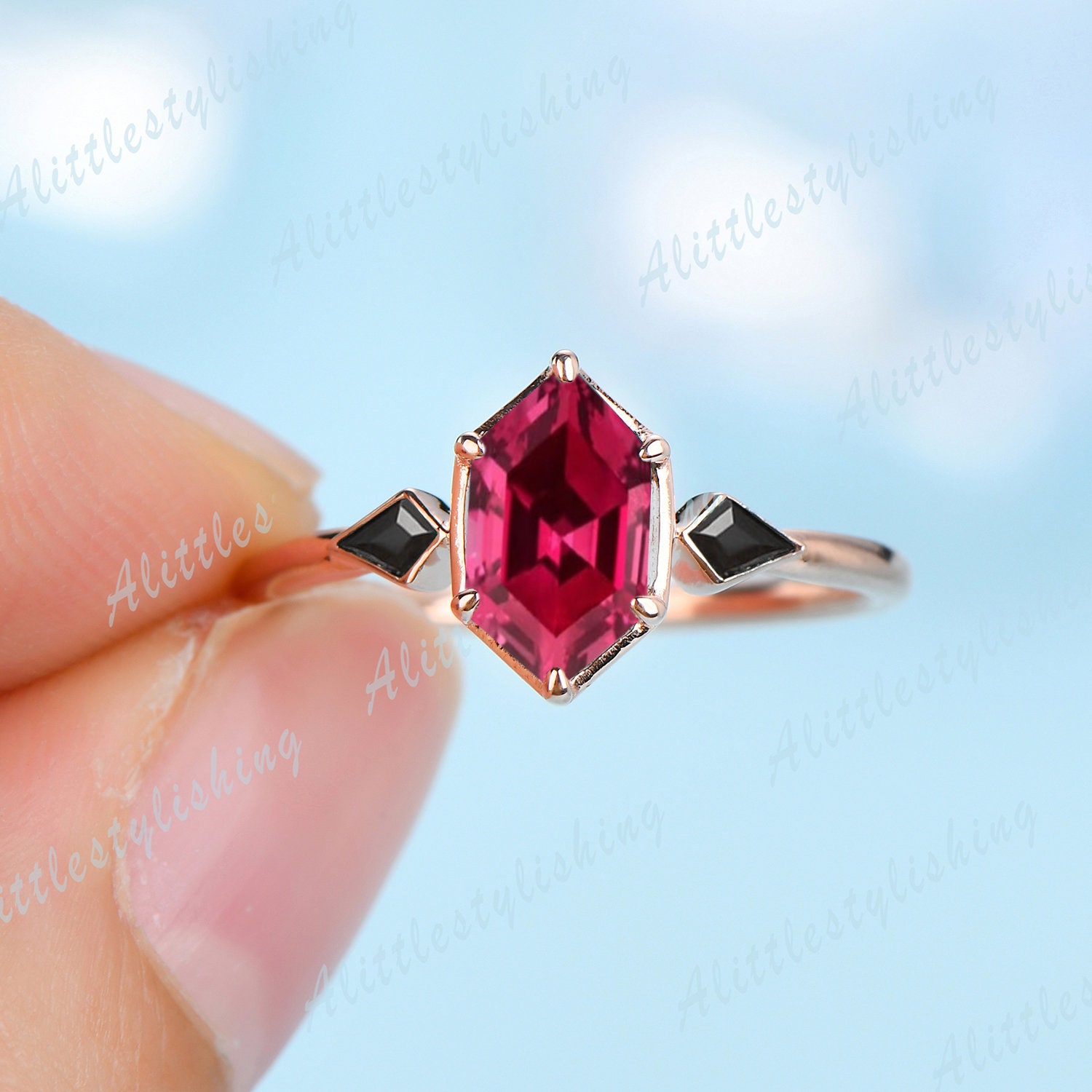 Long Hexagon Cut Ruby Ring Vintage Rose Gold Kite Cut Black - Etsy