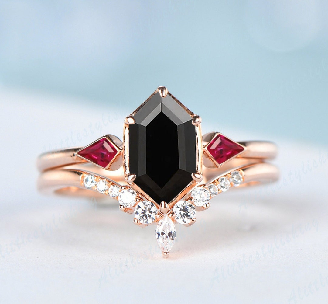 Kite Shape Ruby and Hexagon Cut Black Onyx Engagement Ring Rose Gold ...