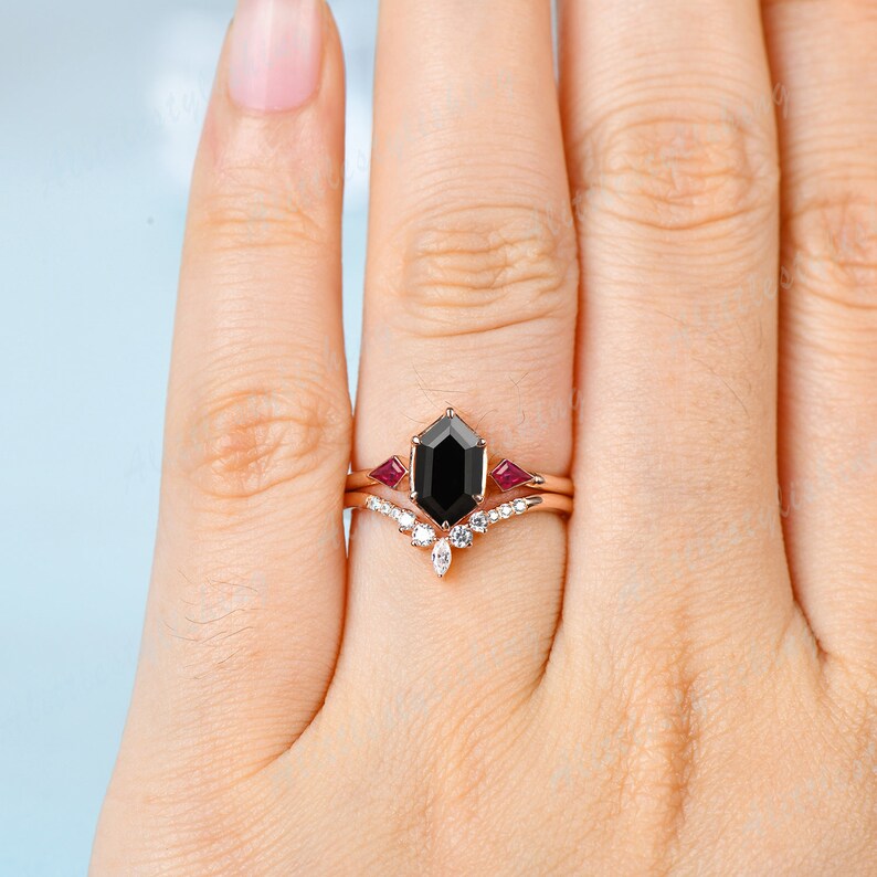 Kite Shape Ruby and Hexagon Cut Black Onyx Engagement Ring Rose Gold ...