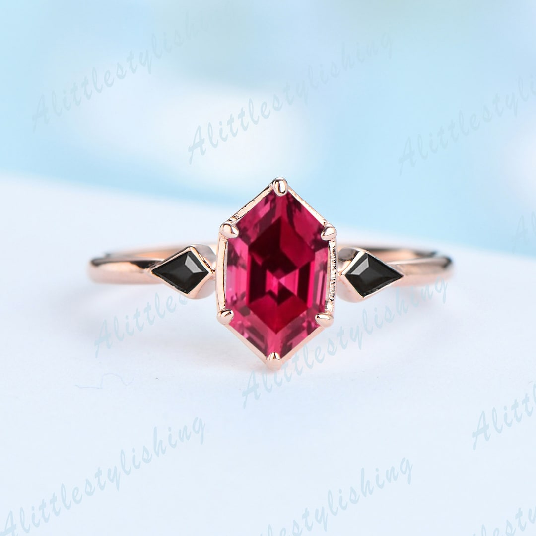 Long Hexagon Cut Ruby Ring Vintage Rose Gold Kite Cut Black Onyx Ruby ...