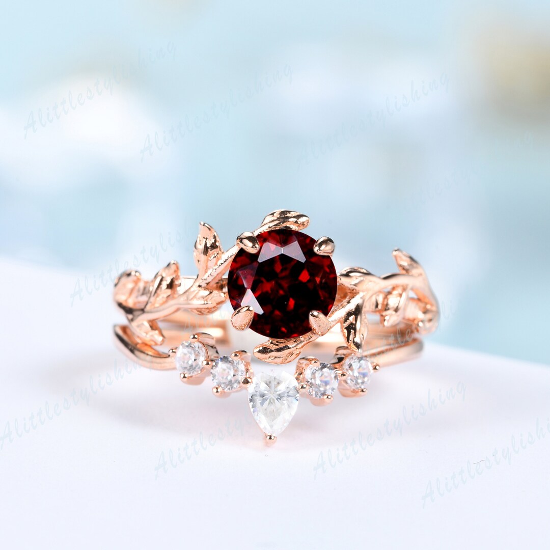 Red Garnet Ring Set/red Garnet Engagement Ring in 14K Gold/unique Twig ...