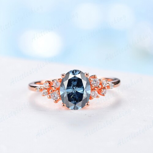 Blue Grey Moissanite Engagement Ring Oval Cluster Ring Vintage - Etsy