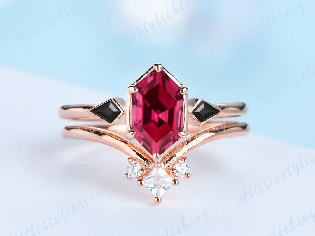 Black and Ruby Wedding Ring Set Rose Gold Hexagon Ruby Engagement Ring ...