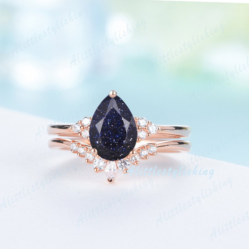 Blue Sandstone Engagement Rings for Women Unique Pear Cut Sandstone ...