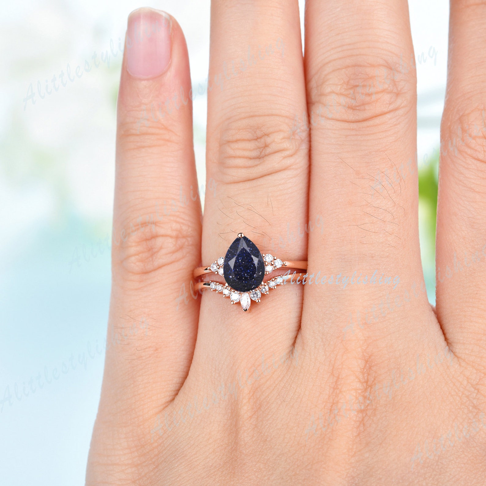 Blue Sandstone Engagement Rings for Women Unique Pear Cut Sandstone ...