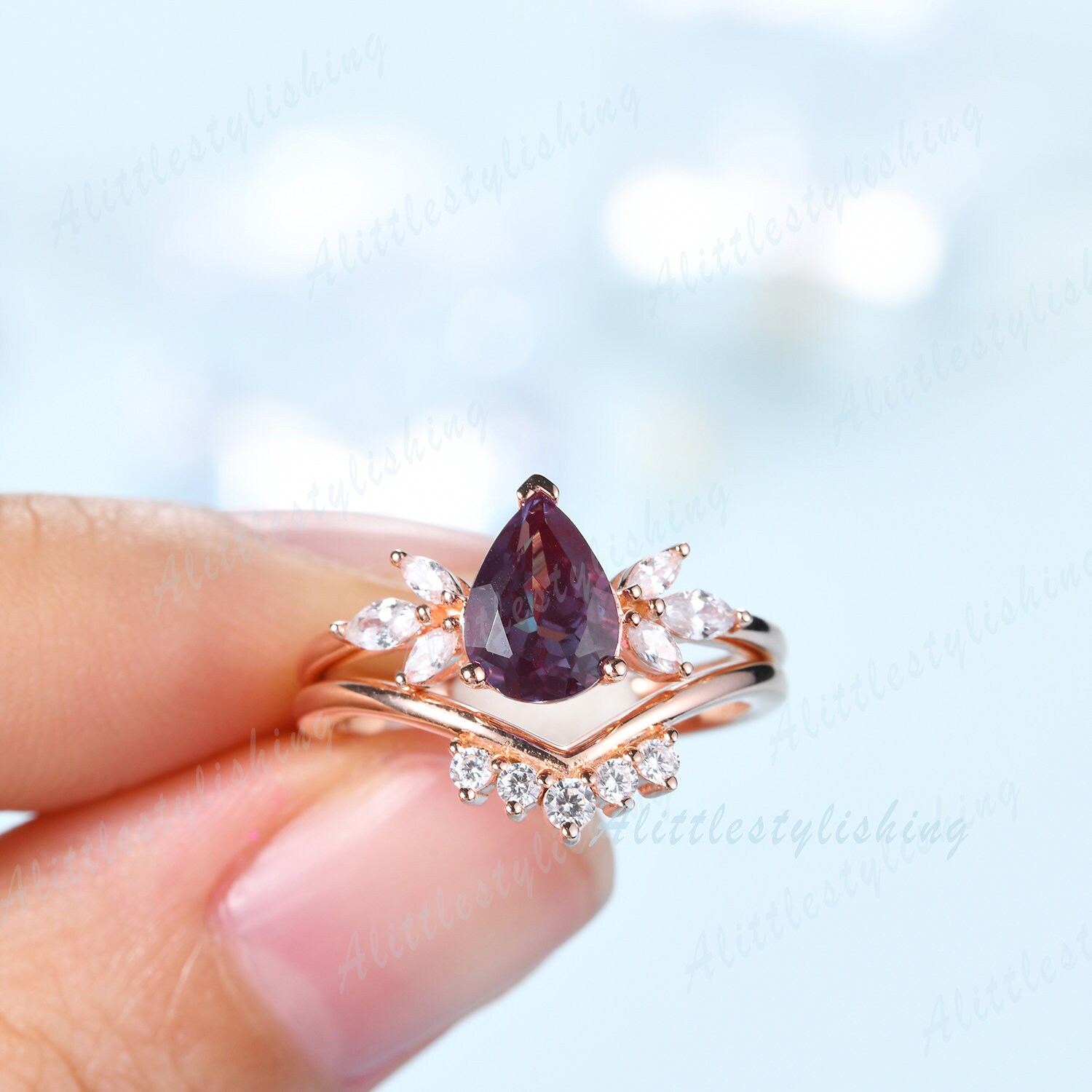 Pear Shape Alexandrite Ring Set Vintage Alexandrite | Etsy