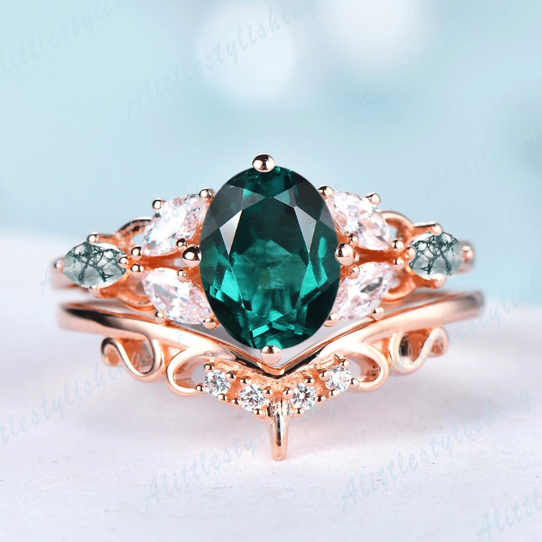 Green Emerald Engagement Ring Set Dainty Gold Emerald Ring Art Deco ...