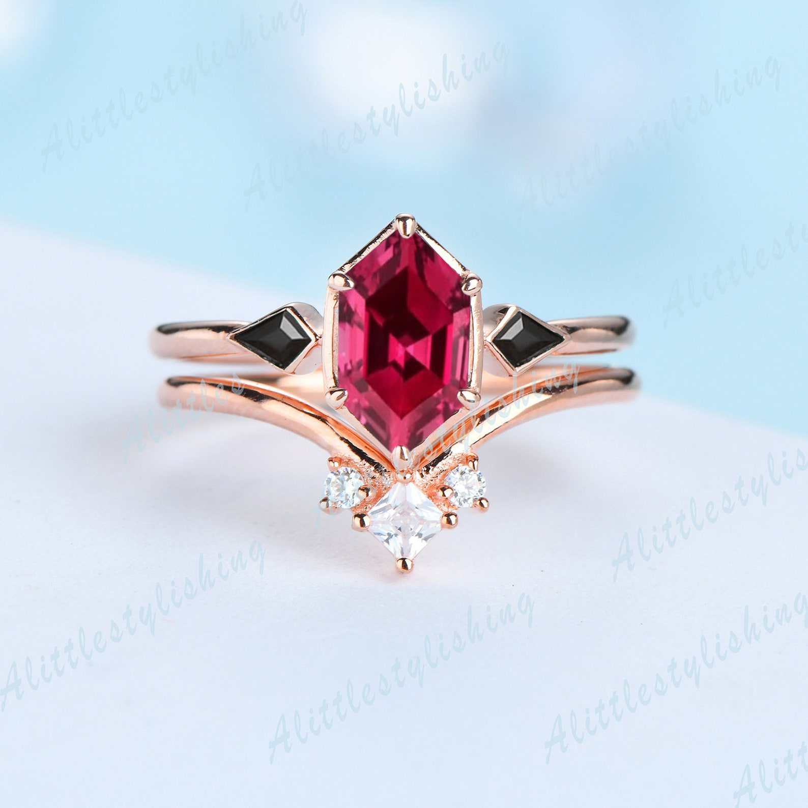 Black and Ruby Wedding Ring Set Rose Gold Hexagon Ruby Engagement Ring ...