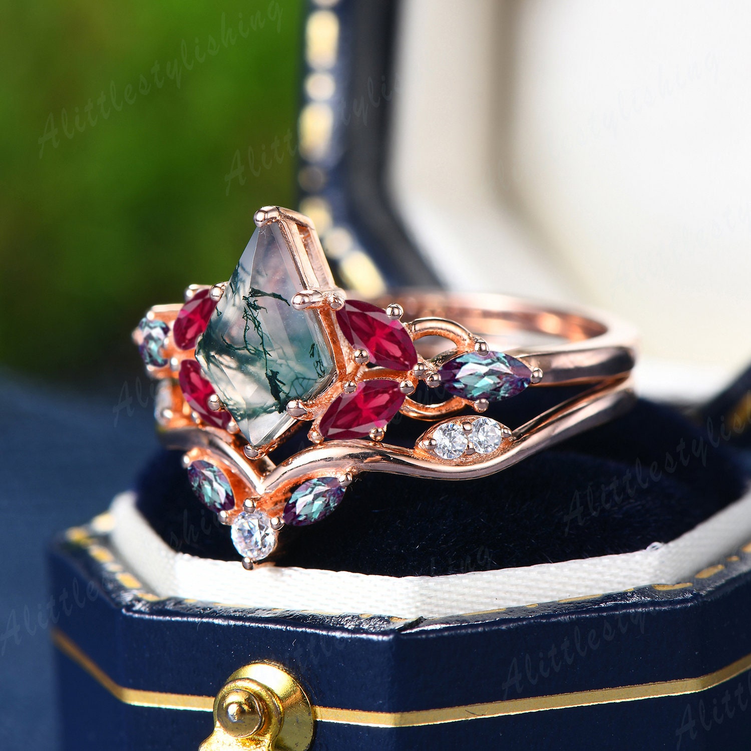 Alexandrite Ruby Moss Agate Engagement Ring Set, Art Deco Leaf Wedding ...