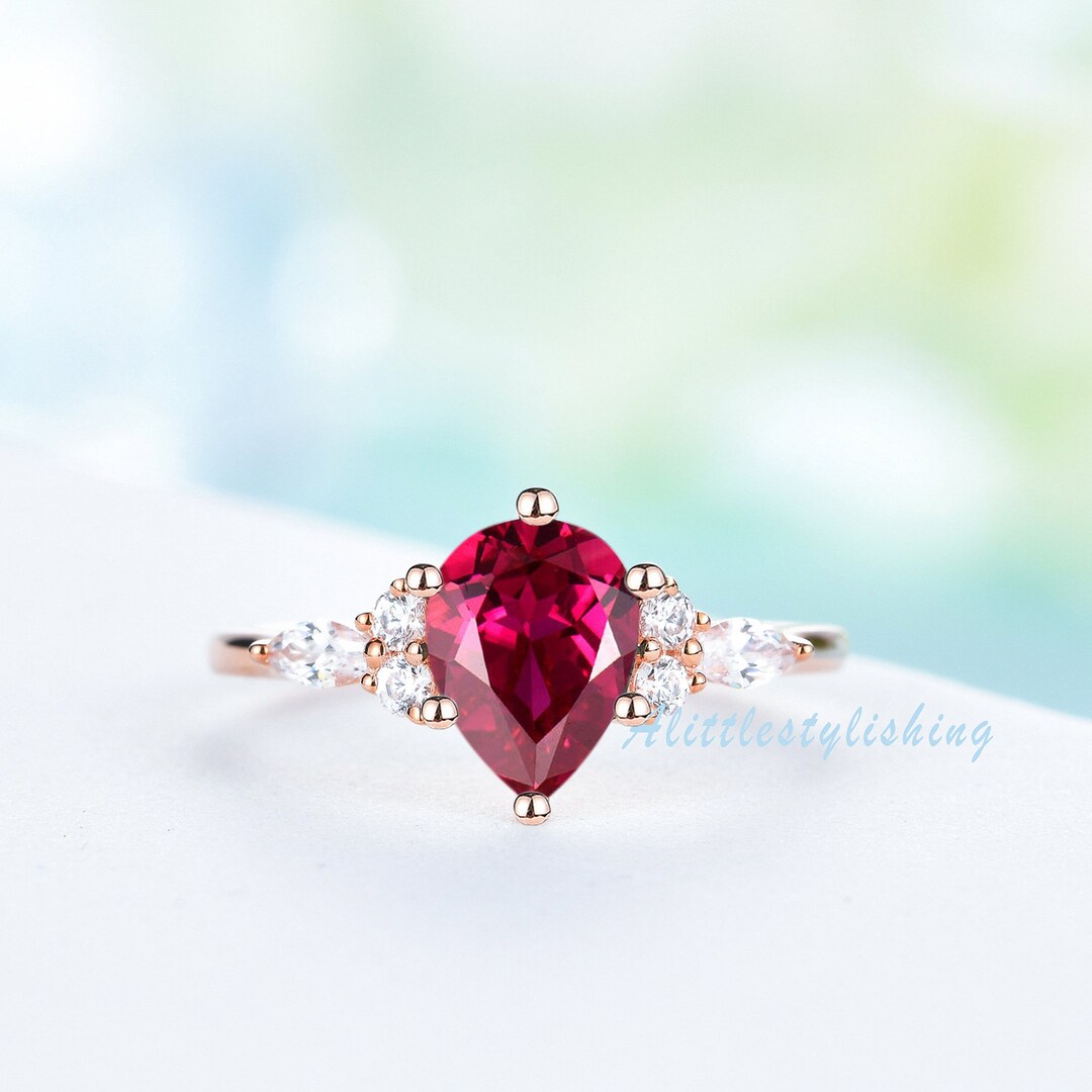 Ruby Engagement Ring Rose Gold Vintage Ring for Woman Ruby Moissanite ...