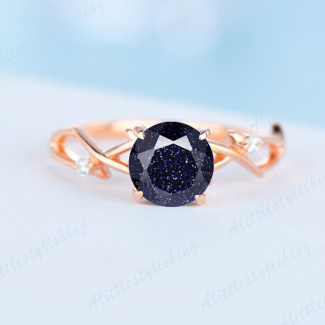 Art Deco Blue Stone Wedding Ring Blue Sandstone Twig Vine Ring Round ...
