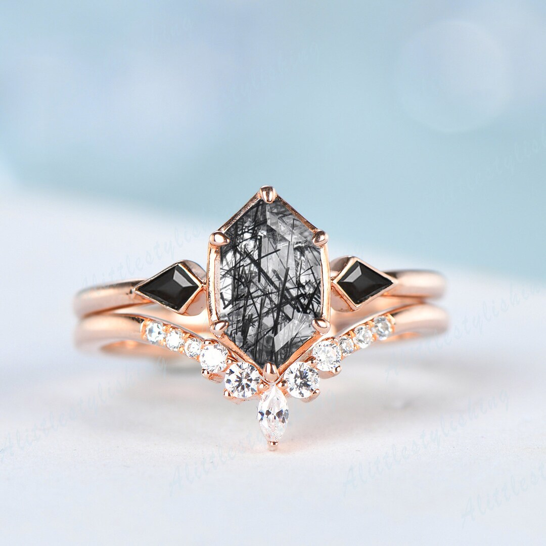 Retro Hexagon Black Rutilate Quartz Ring Black Gemstone Vintage Long ...