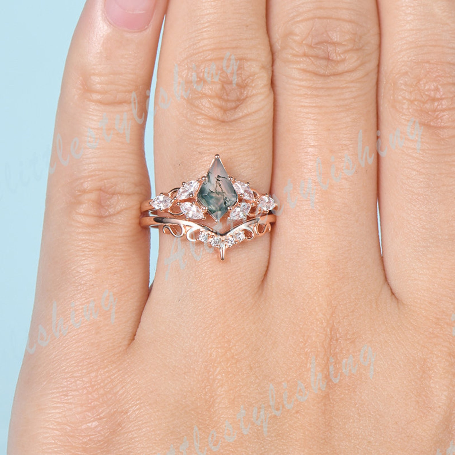Kite Cut Moss Agate Engagement Ring Set Women Rose Gold Engagement Ring ...