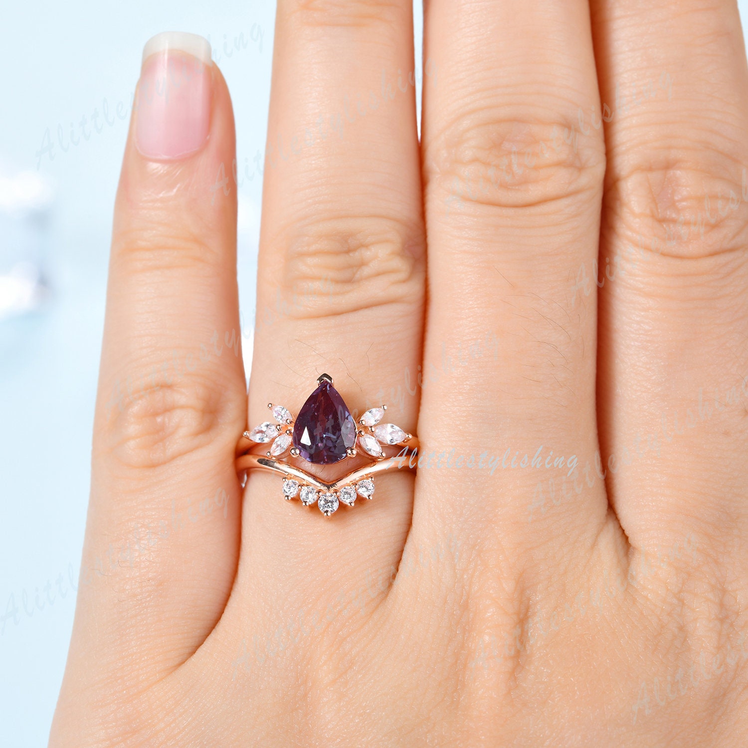 Pear Shape Alexandrite Ring Set Vintage Alexandrite | Etsy