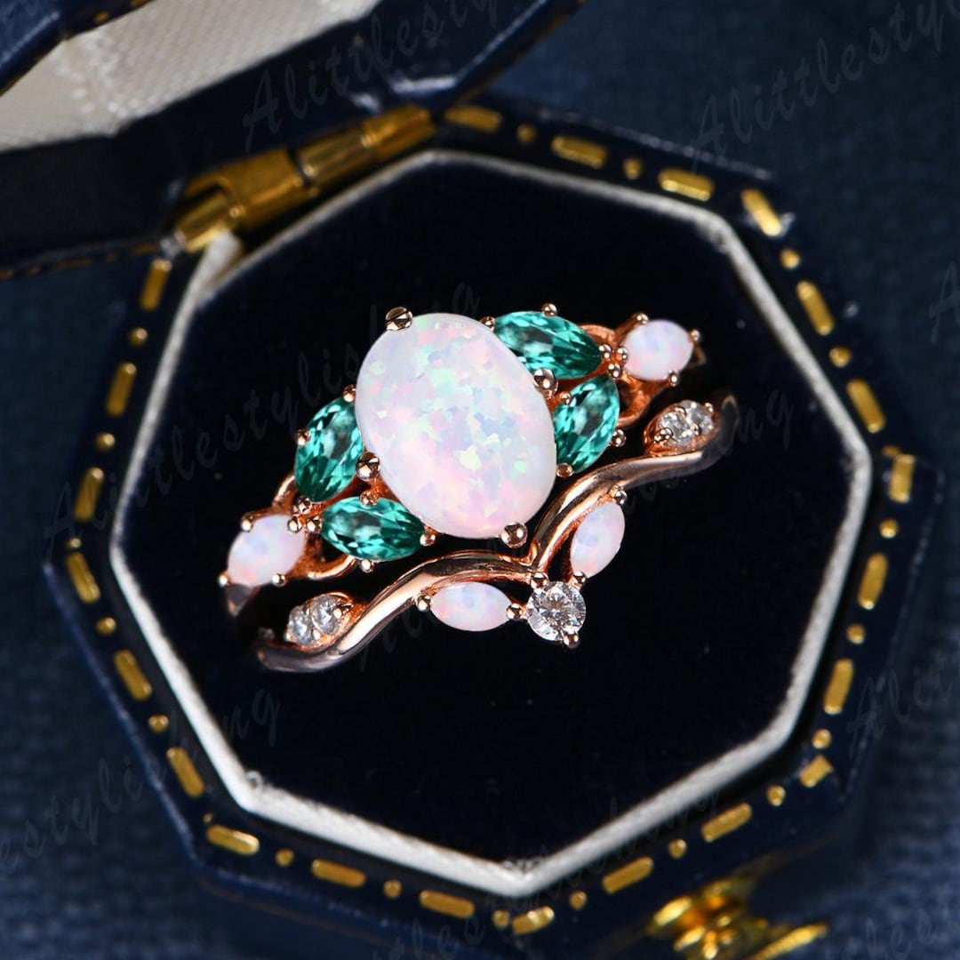 White Fire Opal and Emerald Ring Set Unique Oval Cut Opal Rose Gold ...