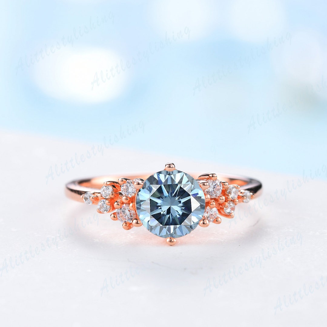 Blue Moissanite Ring, Vintage Grey Moissanite Engagement Ring Rose Gold ...