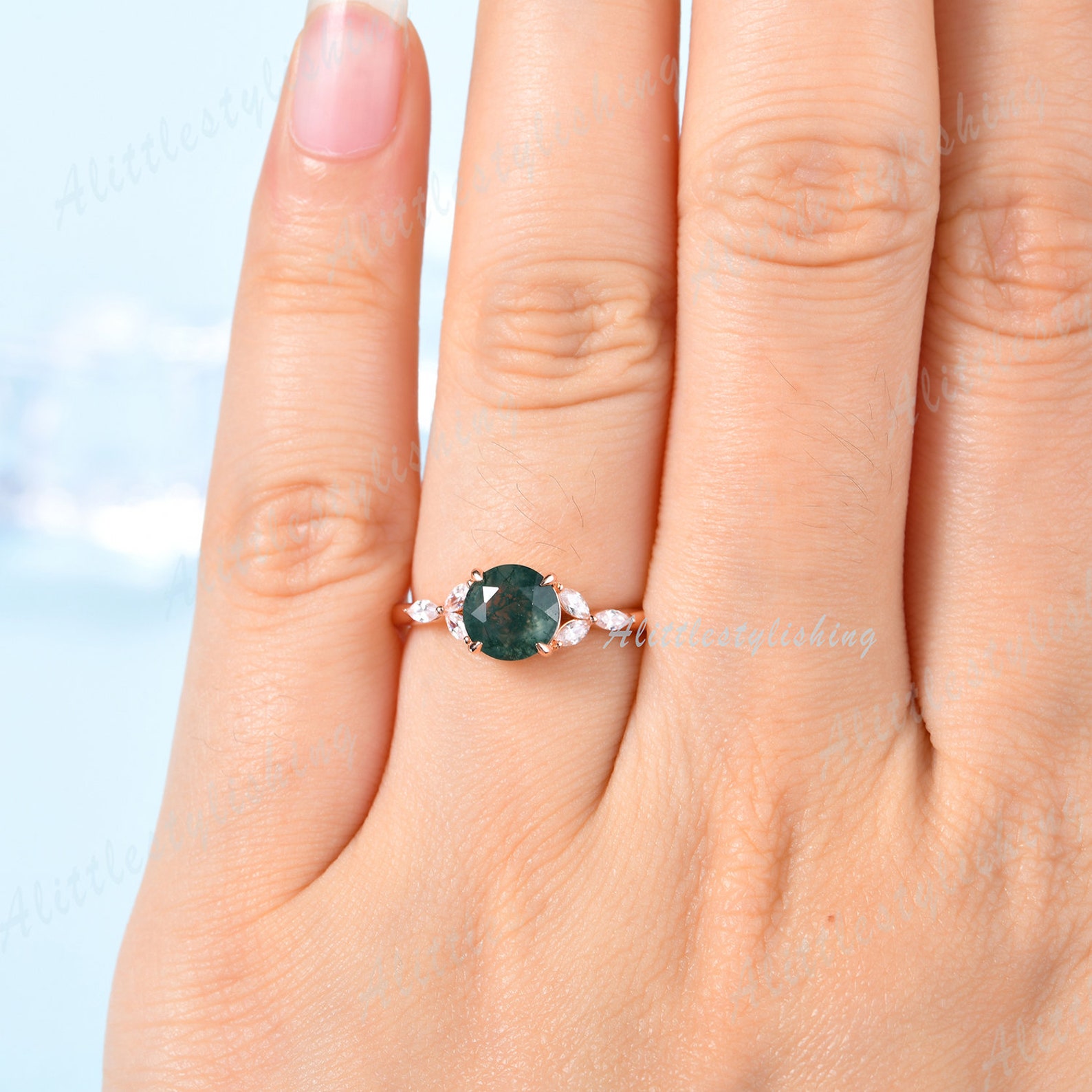 Moss Agate Engagement Ring Rose Gold Moss Agate Marquise Ring Nature ...