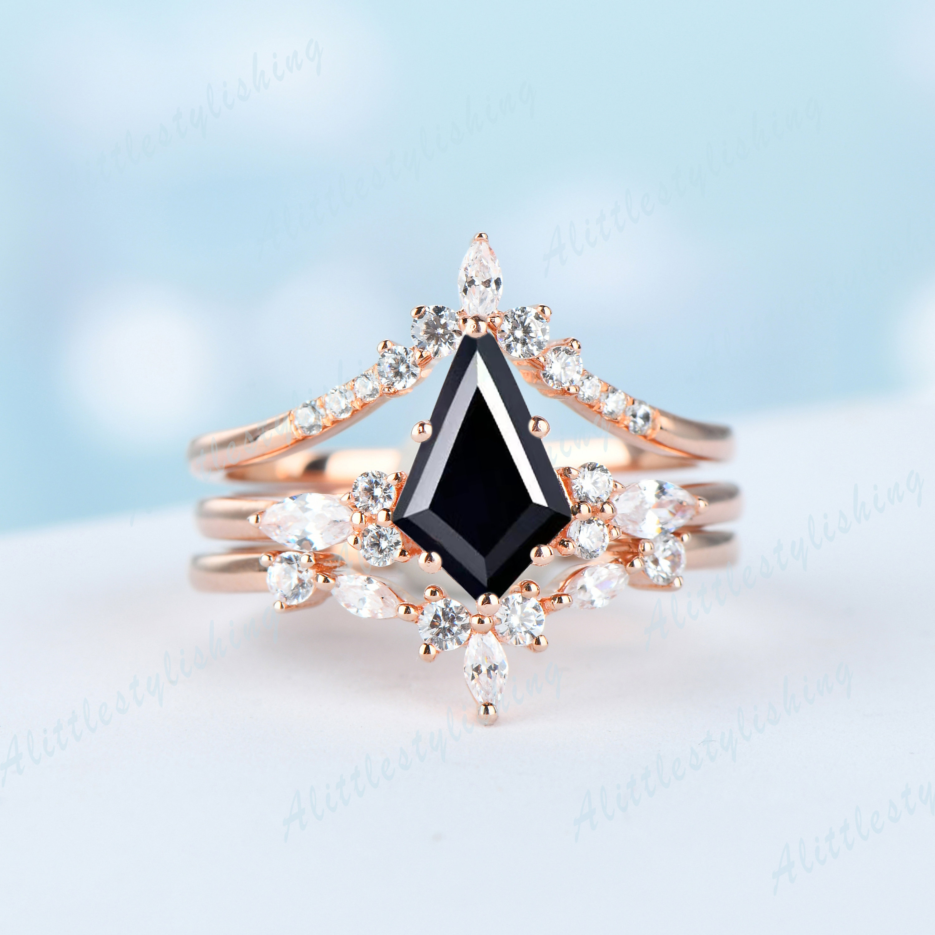 Unique Black Onyx Wedding Ring Set, Vintage Kite Cut Black Onyx ...