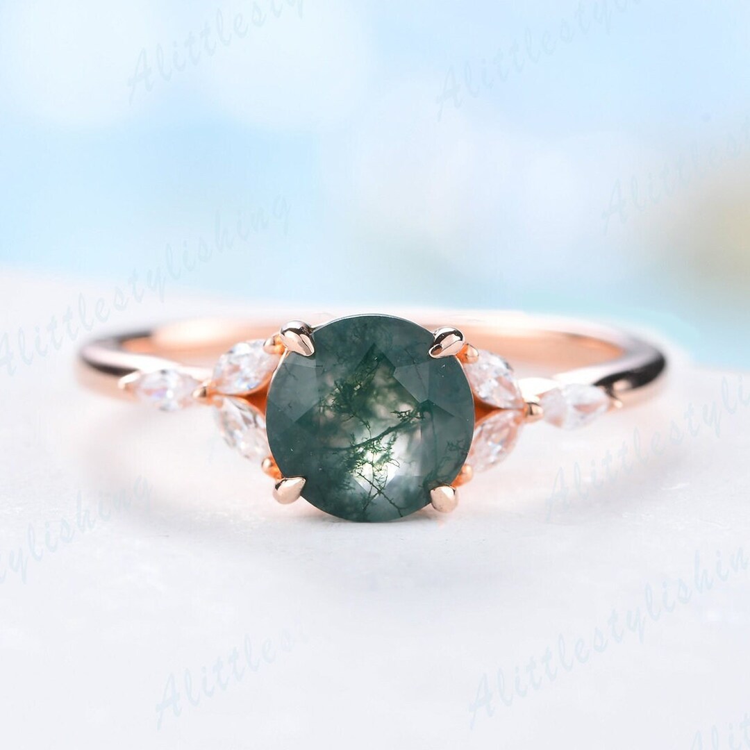 Moss Agate Engagement Ring Rose Gold Moss Agate Marquise Ring Nature ...