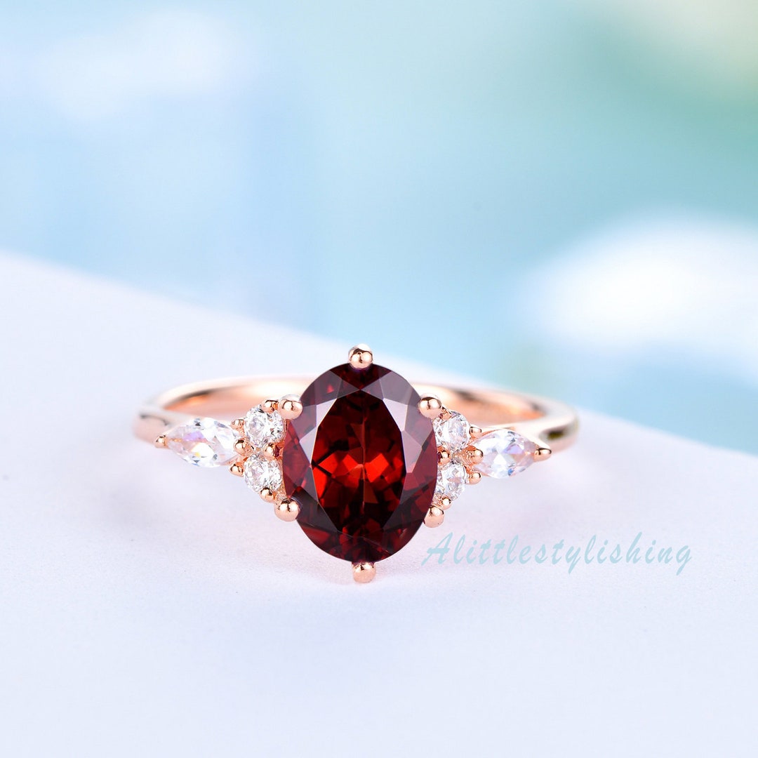 Rose Gold Garnet Engagement Ring Vintage Garnet Ring Oval Engagement ...