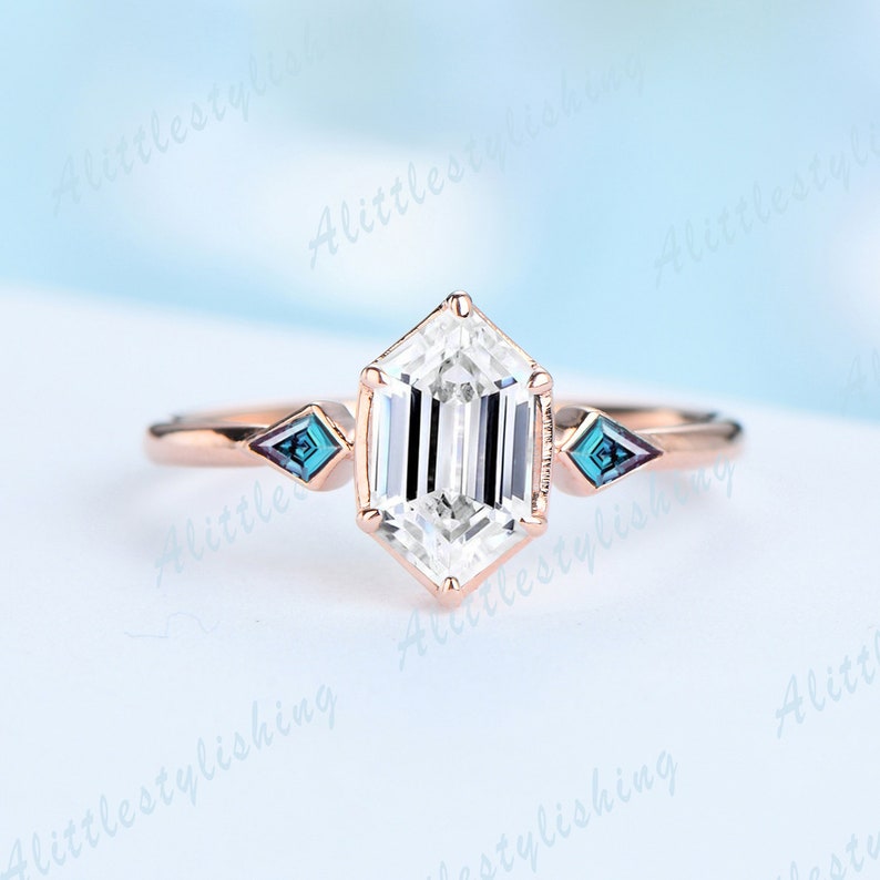 Art Deco Three Stone Hexagon Engagement Ring Moissanite Rose - Etsy